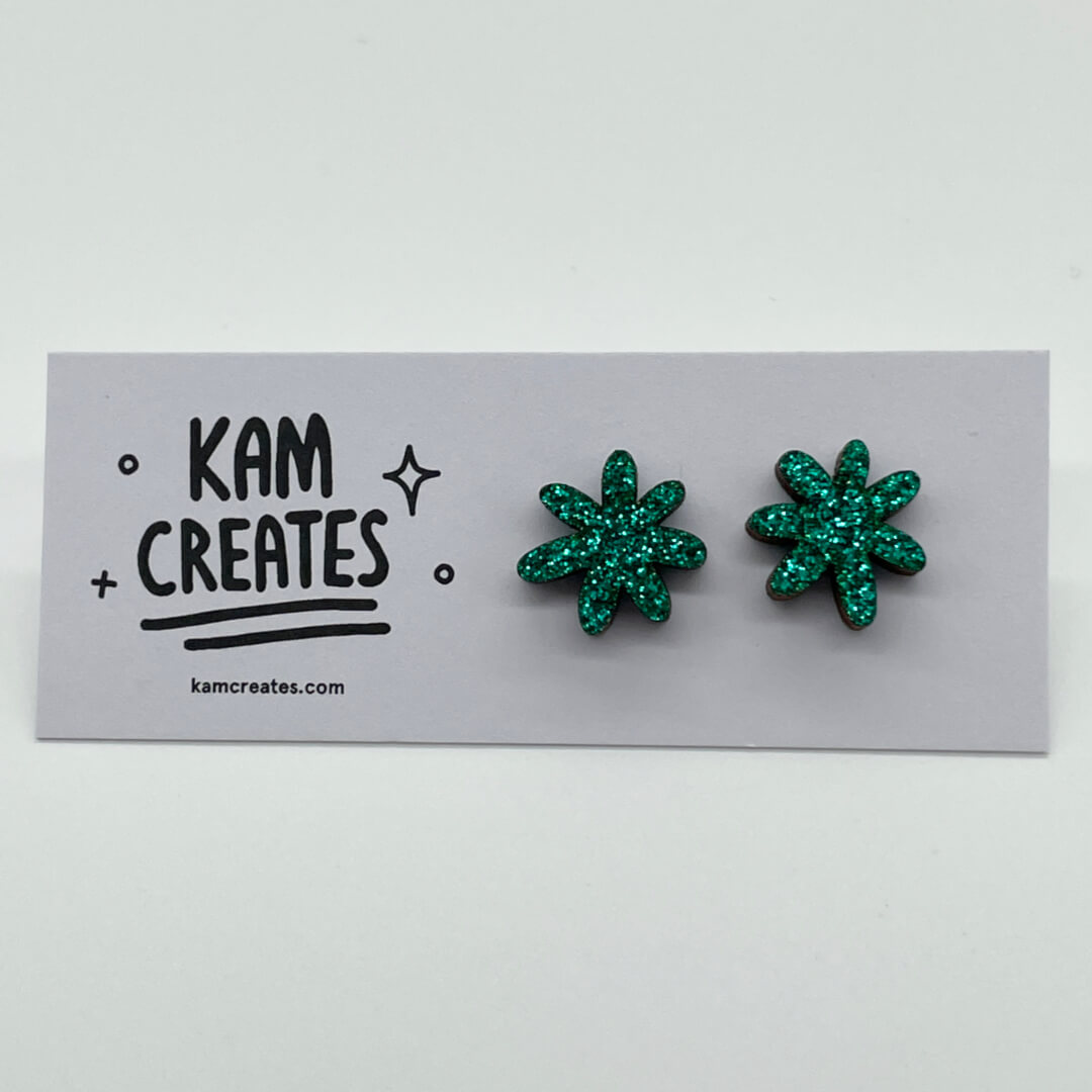 Emerald Green Glitter Flower Studs – BAM Store + Space
